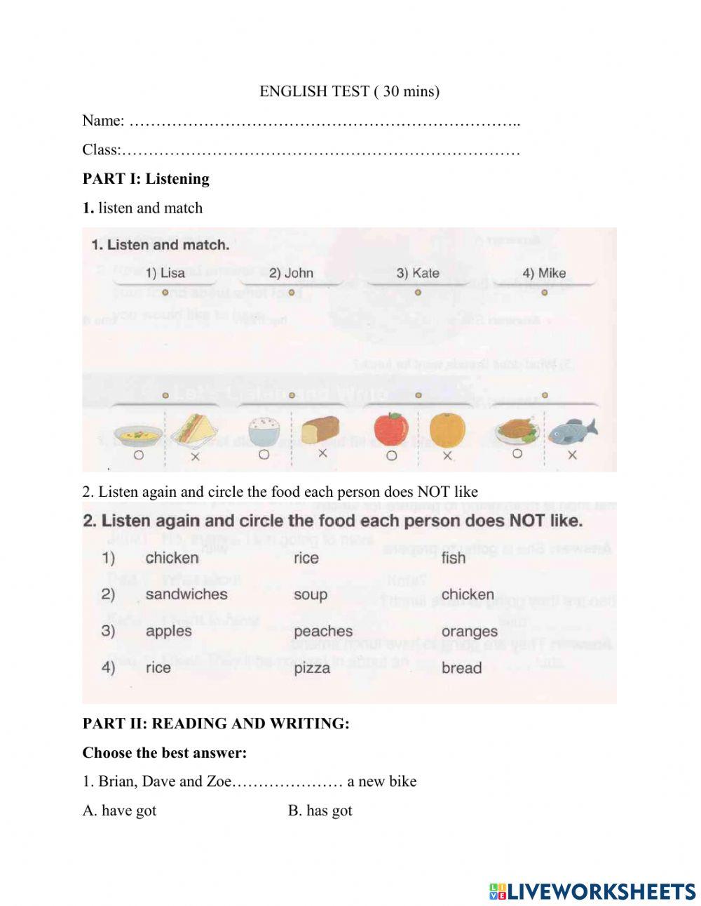 English test online exercise for 4 | Live Worksheets