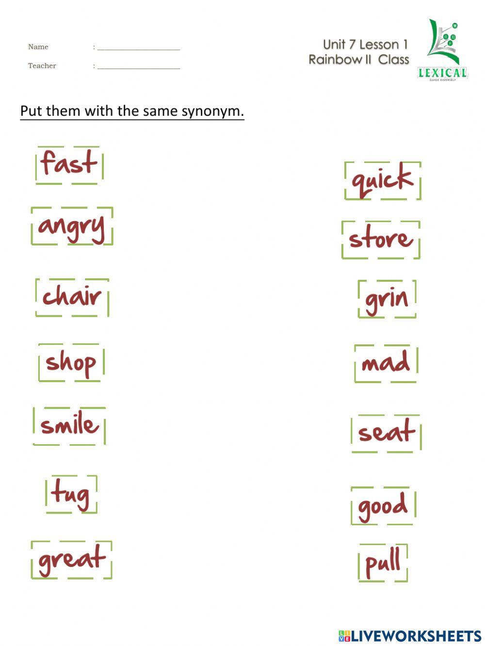 Synonym exercise for rainbow2 | Live Worksheets