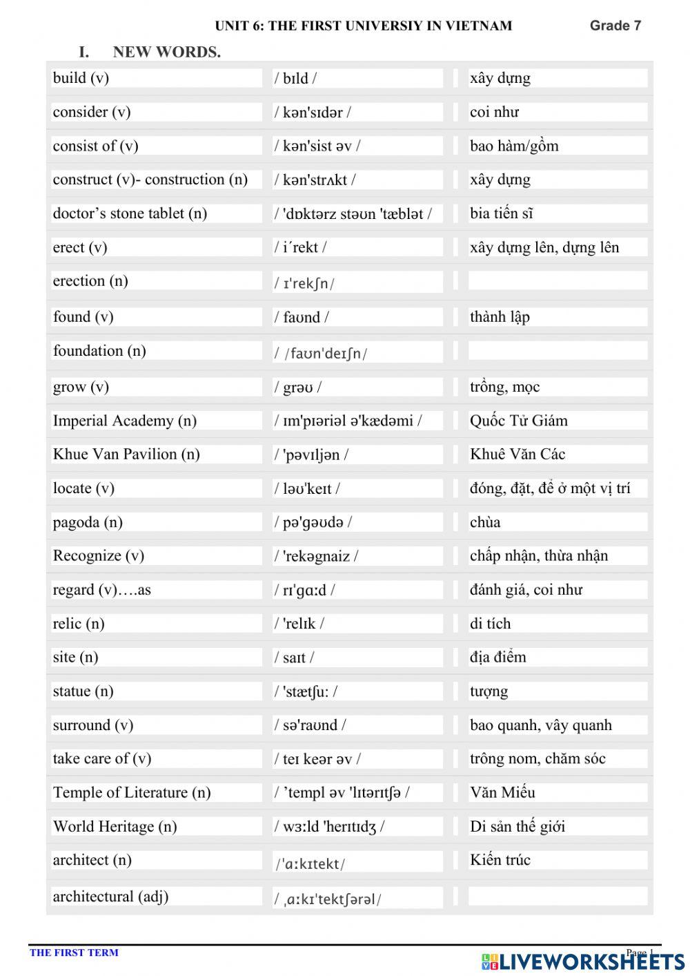 Unit 6- Vocabulary interactive worksheet | Live Worksheets