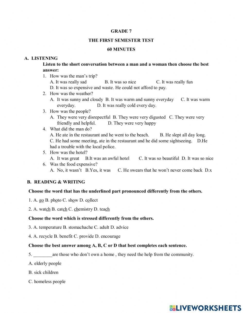 Grade 7 English language worksheet | Live Worksheets
