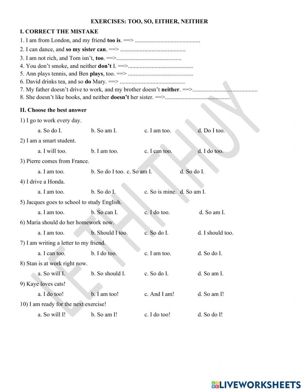 Exercises: too,… | Free Interactive Worksheets | 1684588
