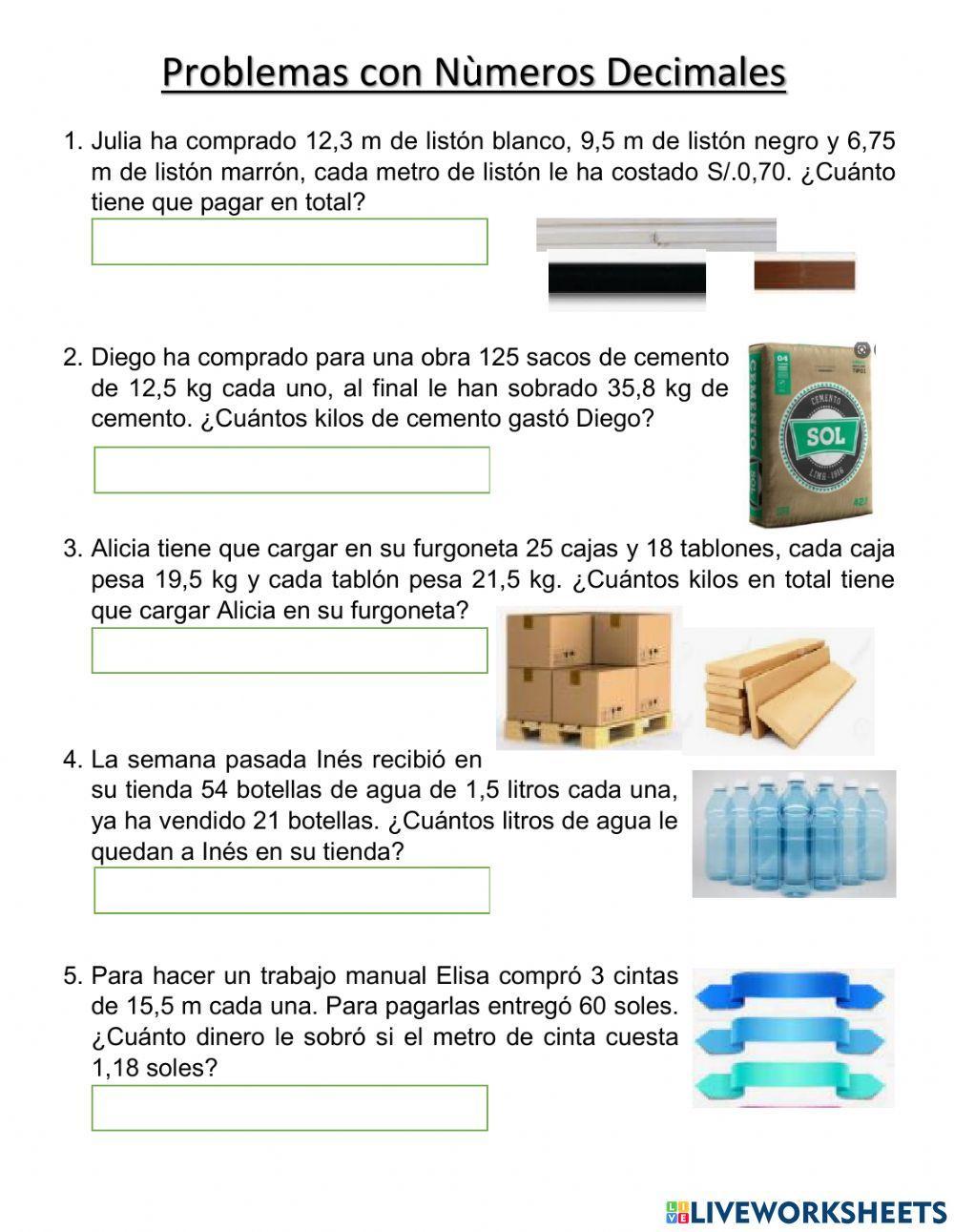 Problemas con decimales Matemáticas activity | Live Worksheets