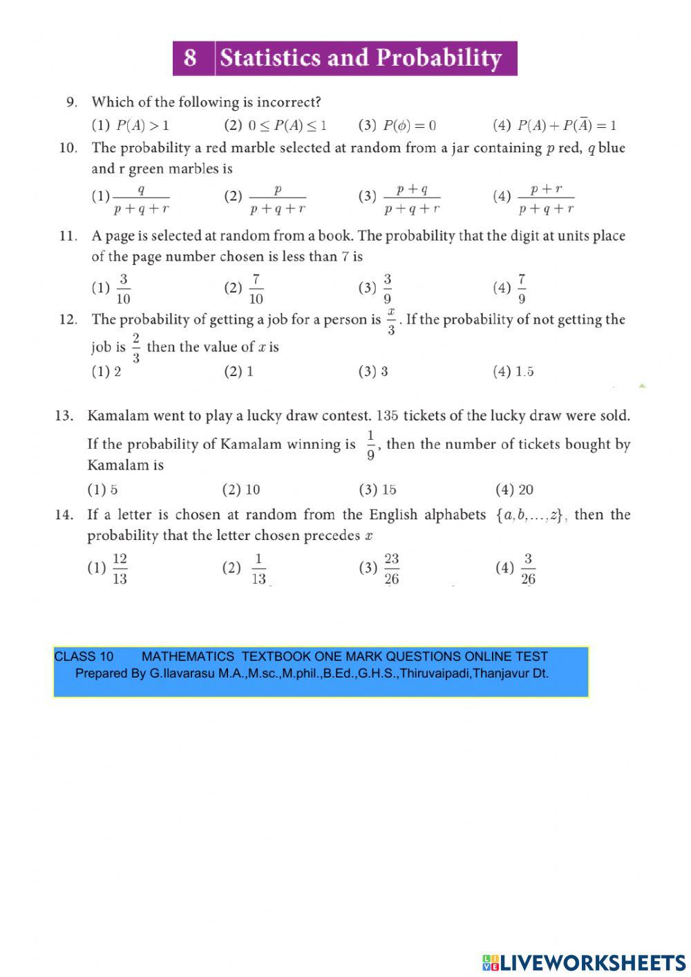One Mark Maths Online Test (Reduced) worksheet | Live Worksheets