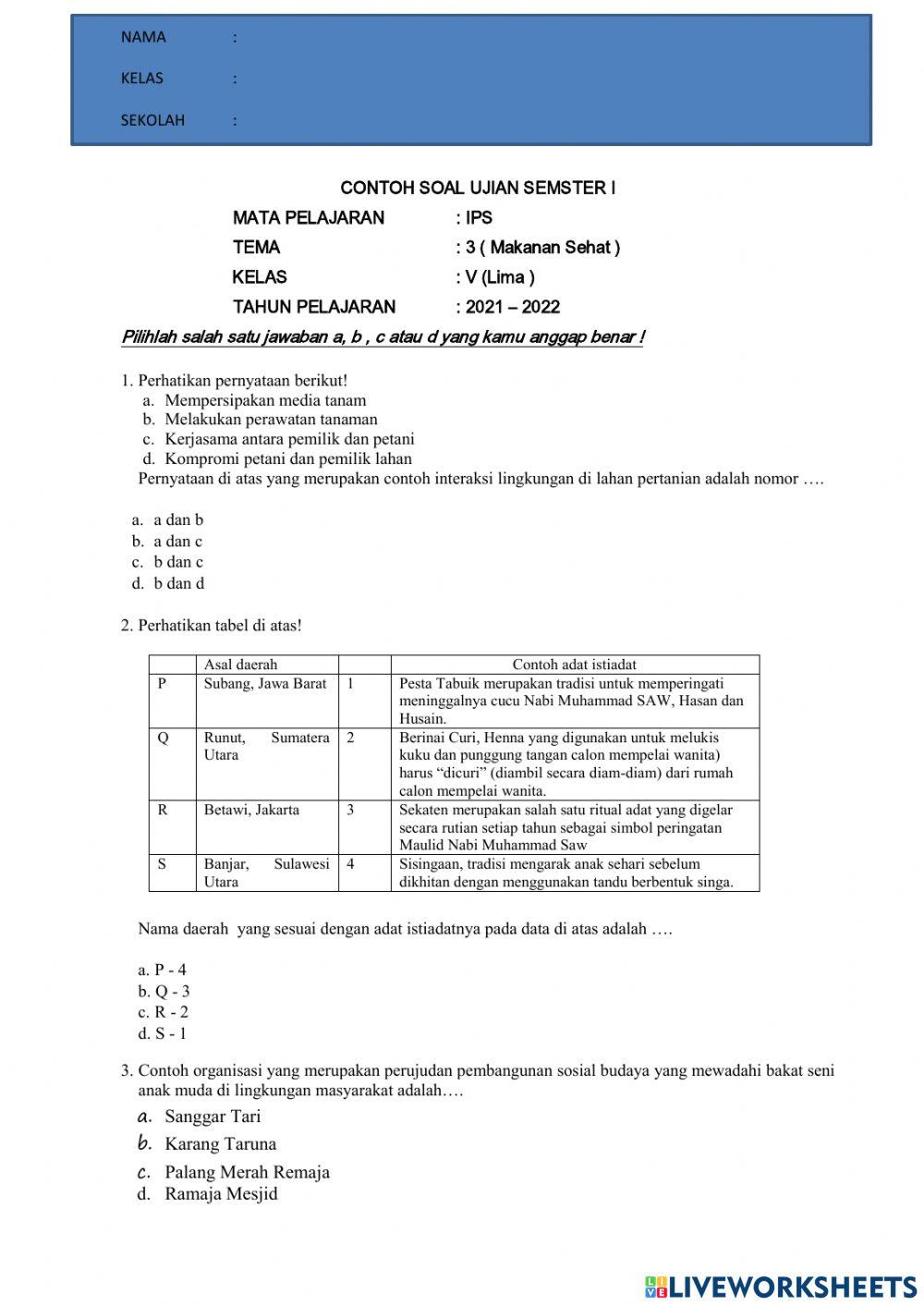 Soal ips Ilmu Pengetahuan Sosial (IPS) activity | Live Worksheets