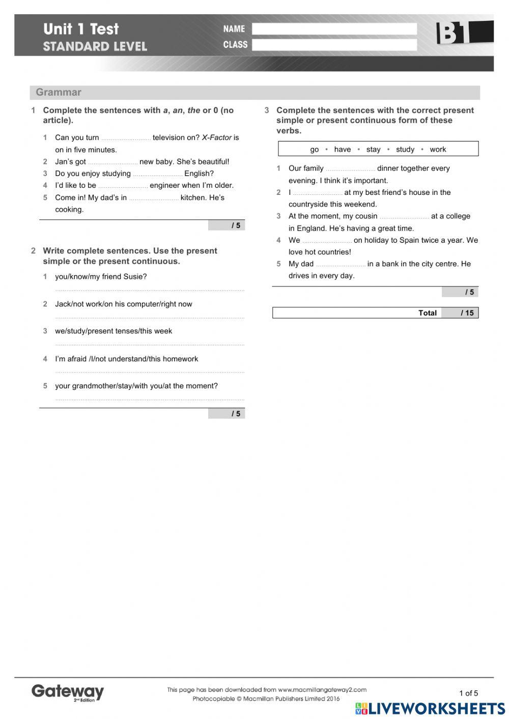 GATEWAY B1 UNIT 1 online exercise for | Live Worksheets