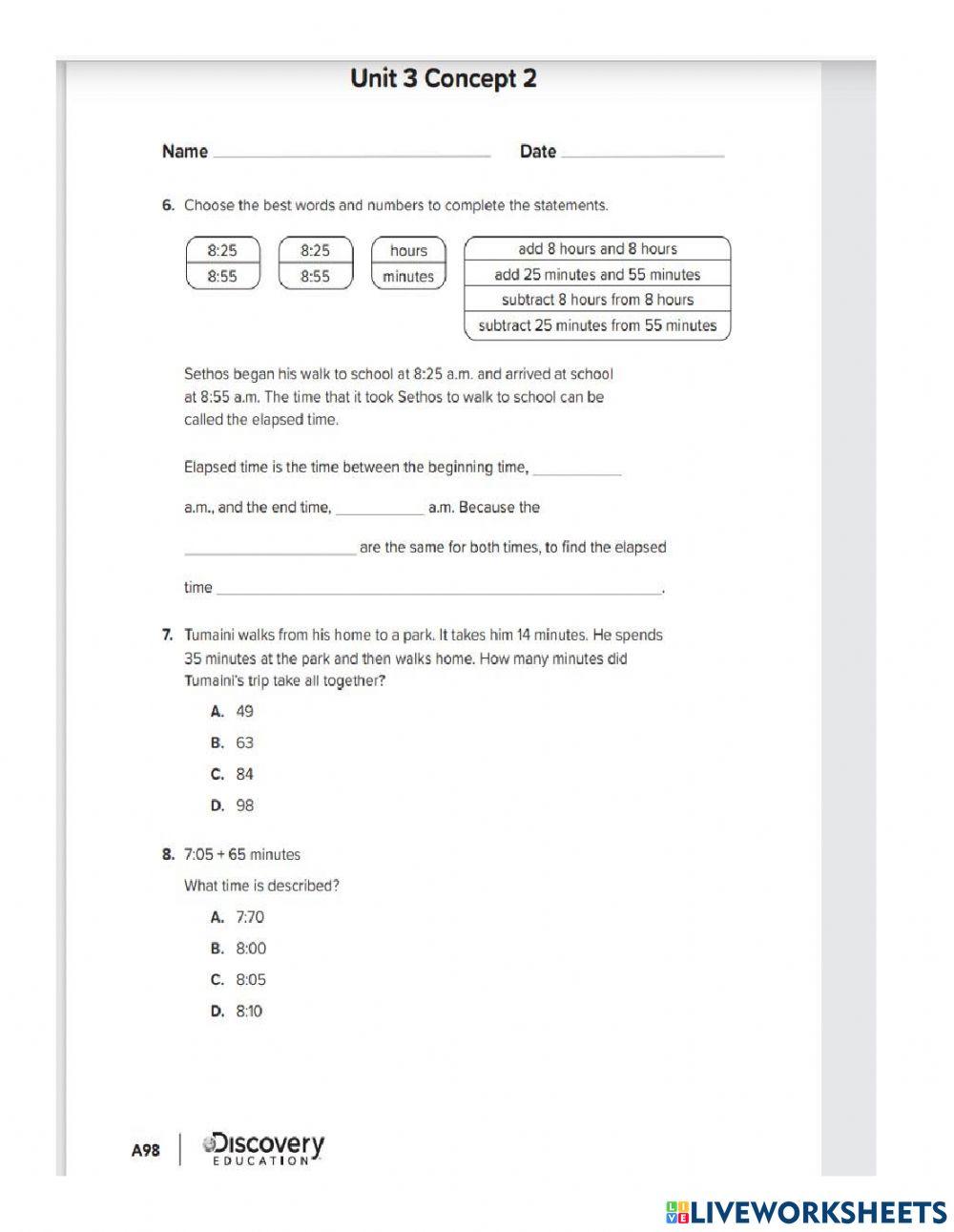 Elapsed time online exercise | Live Worksheets