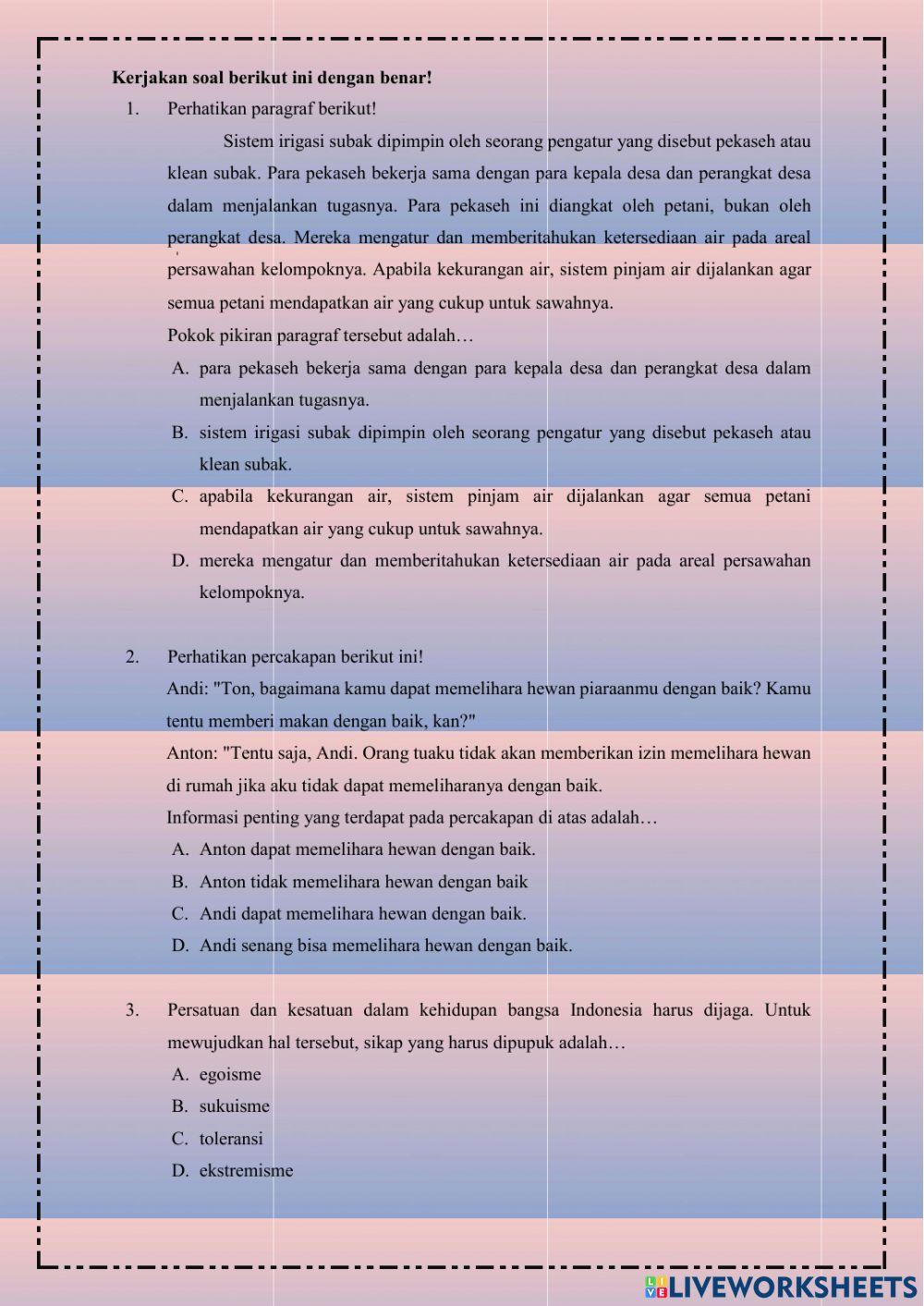 Soal kelas 5 hots worksheet | Live Worksheets