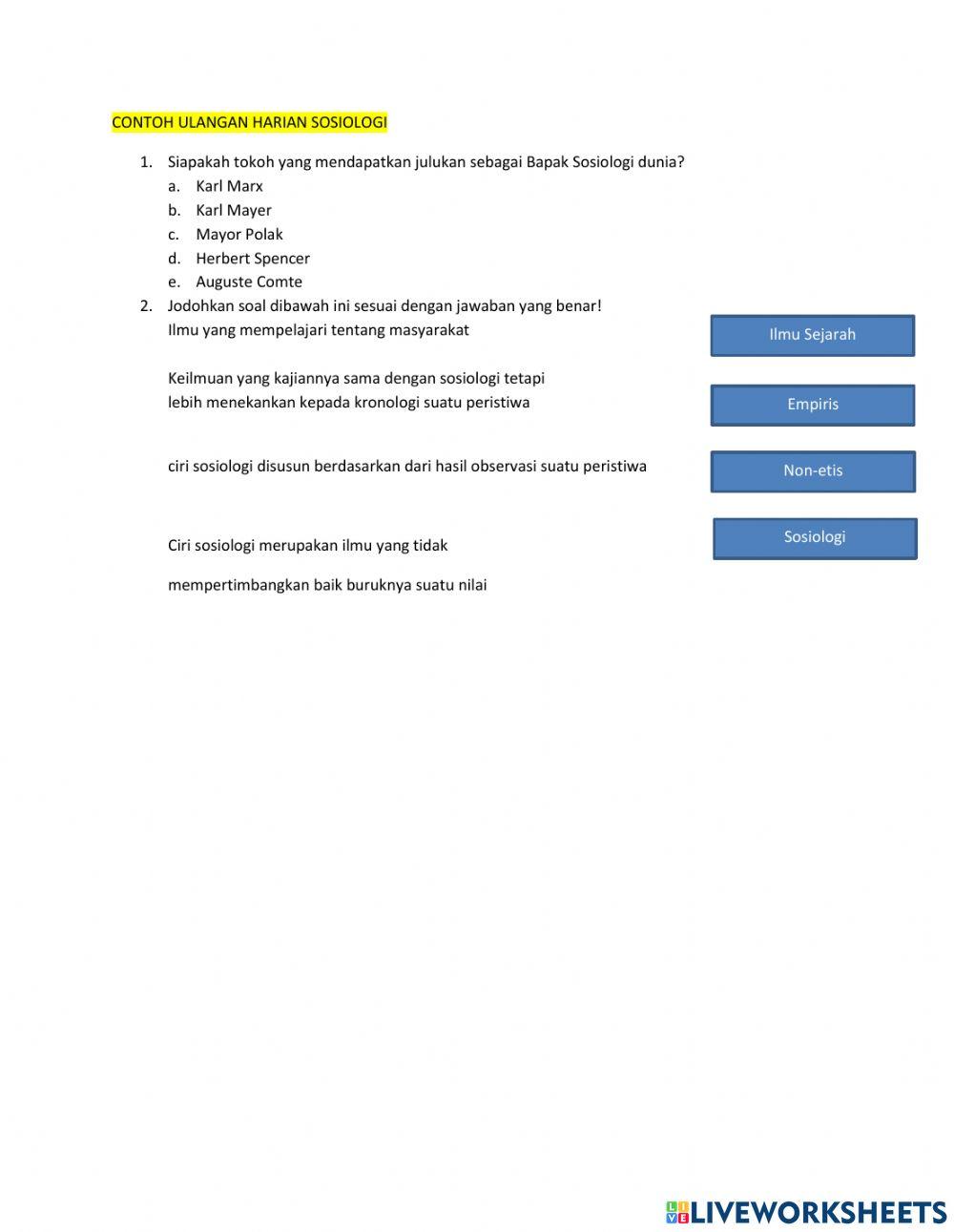 Contoh Ulangan Harian Sosiologi worksheet | Live Worksheets