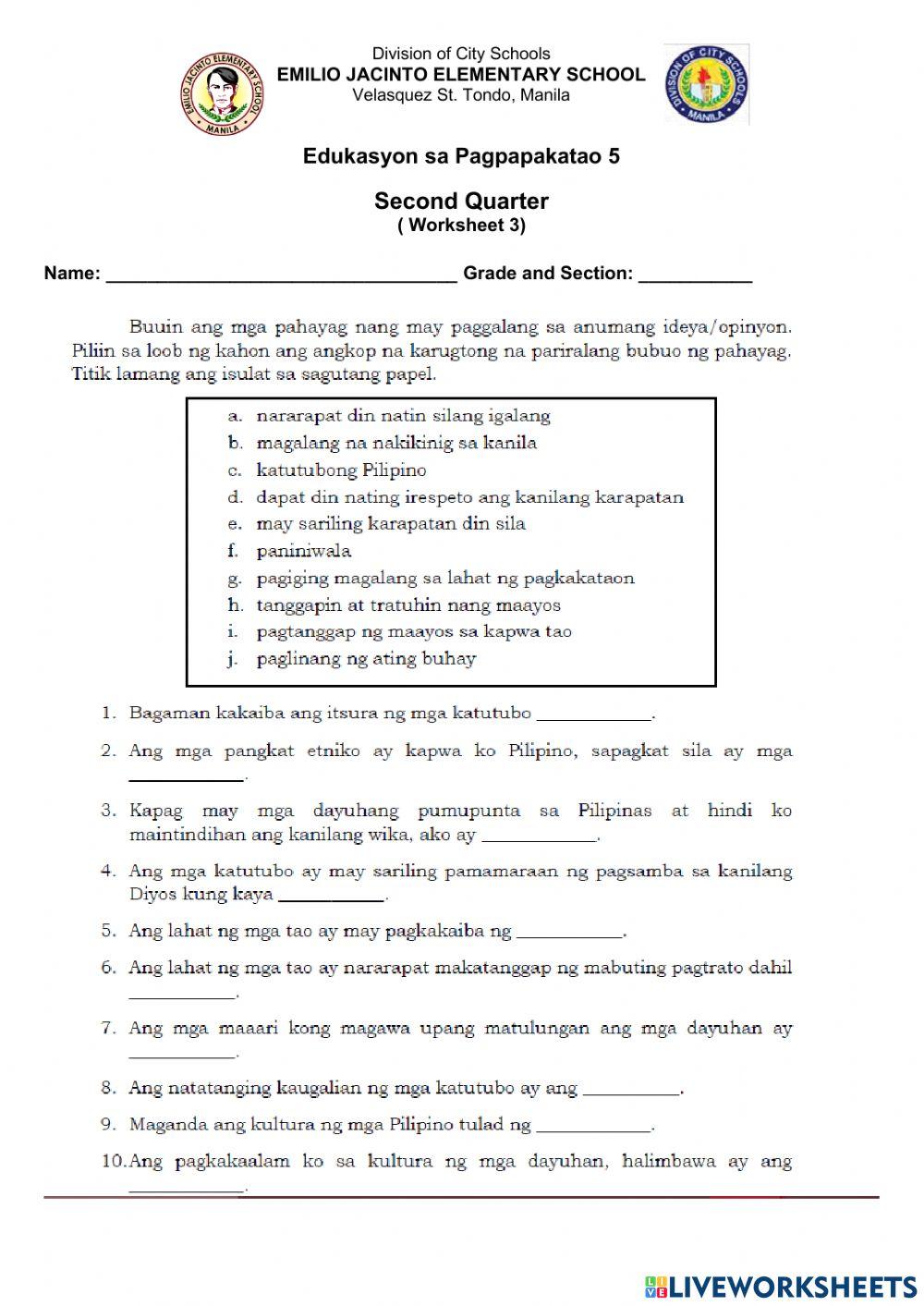 ESP 5 Quarter 2 Worksheet 3: Paggalang sa mga Dayuhan at Katutubo ...