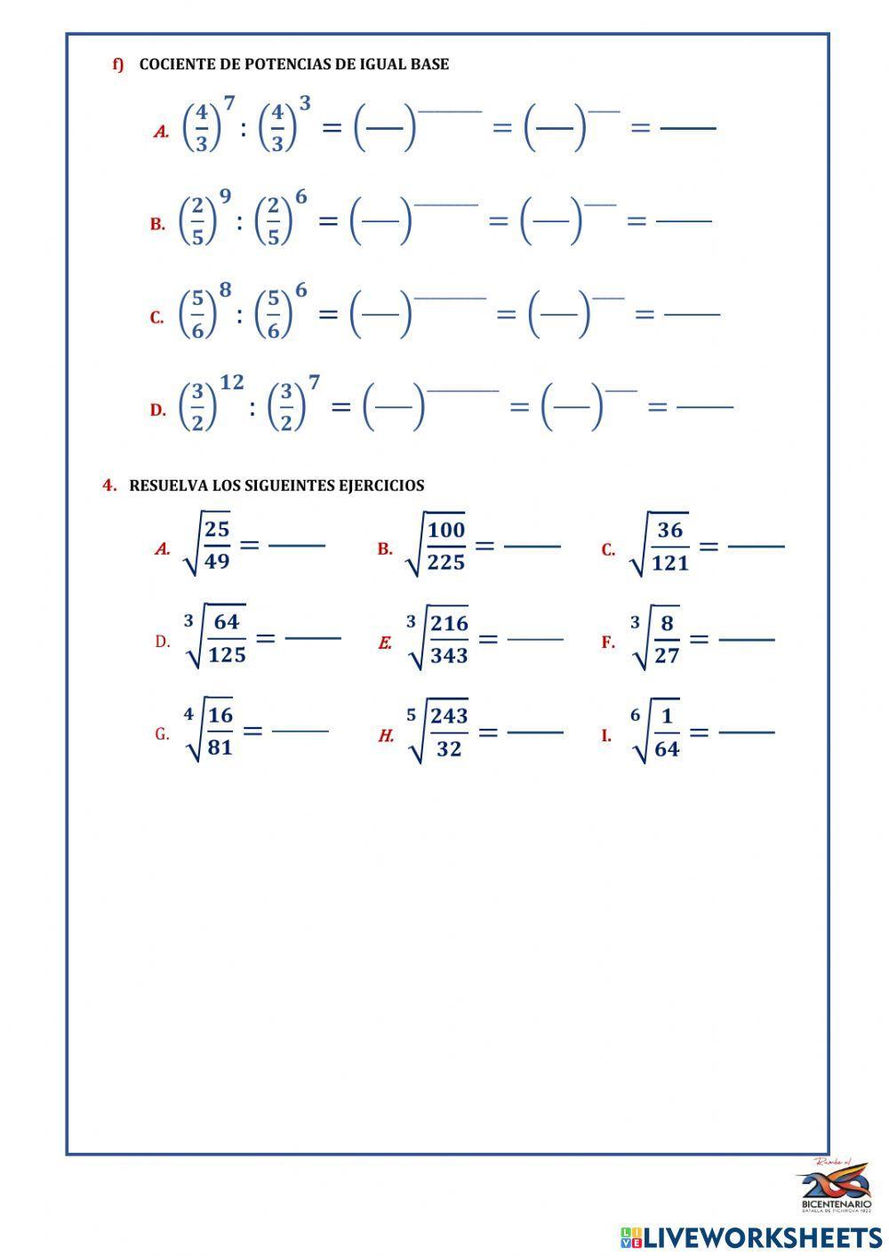 Potenciacion y radicacion de fracciones interactive worksheet | Live ...