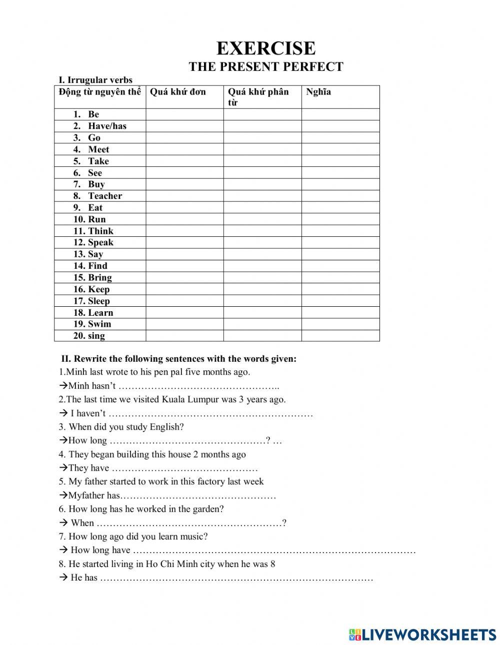 Exercise the present perfect online exercise for | Live Worksheets