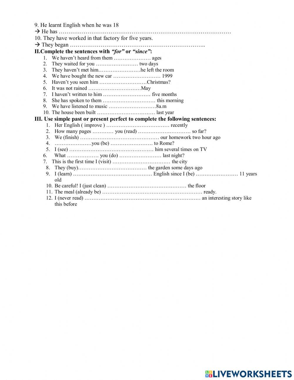 Exercise the present perfect online exercise for | Live Worksheets