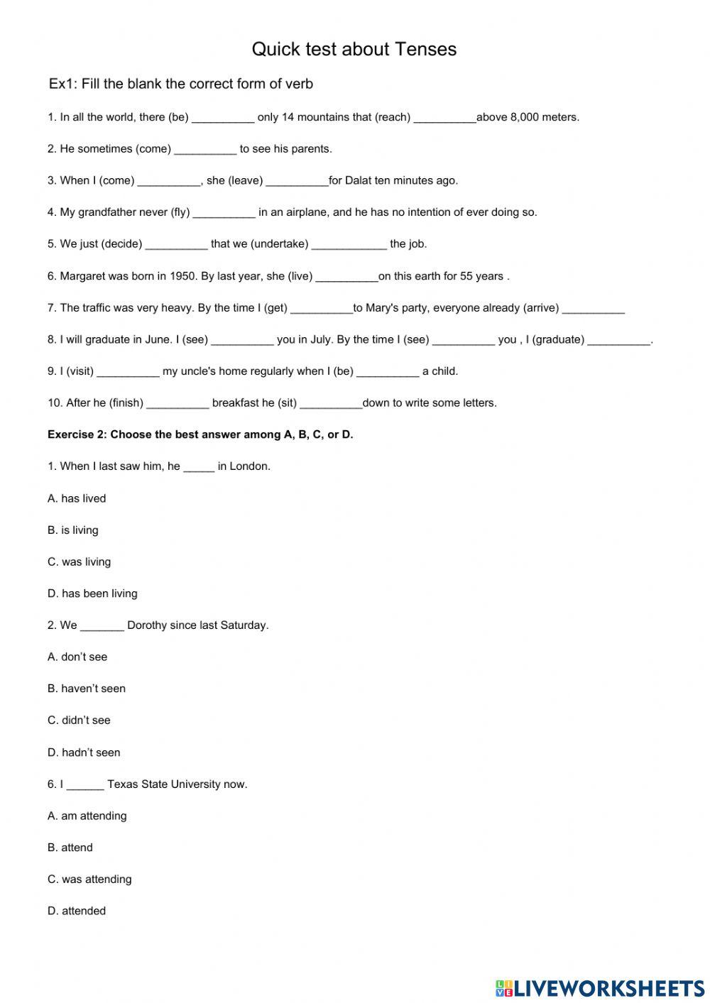 Quick test of t… | Free Interactive Worksheets | 1686895