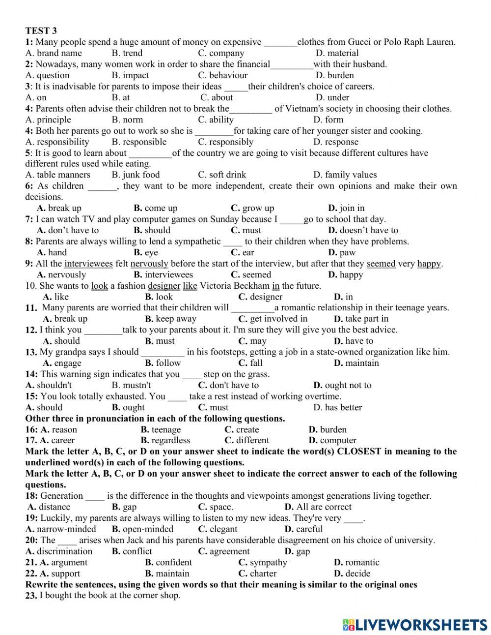 Review giữa kì 1 grade 11 worksheet | Live Worksheets