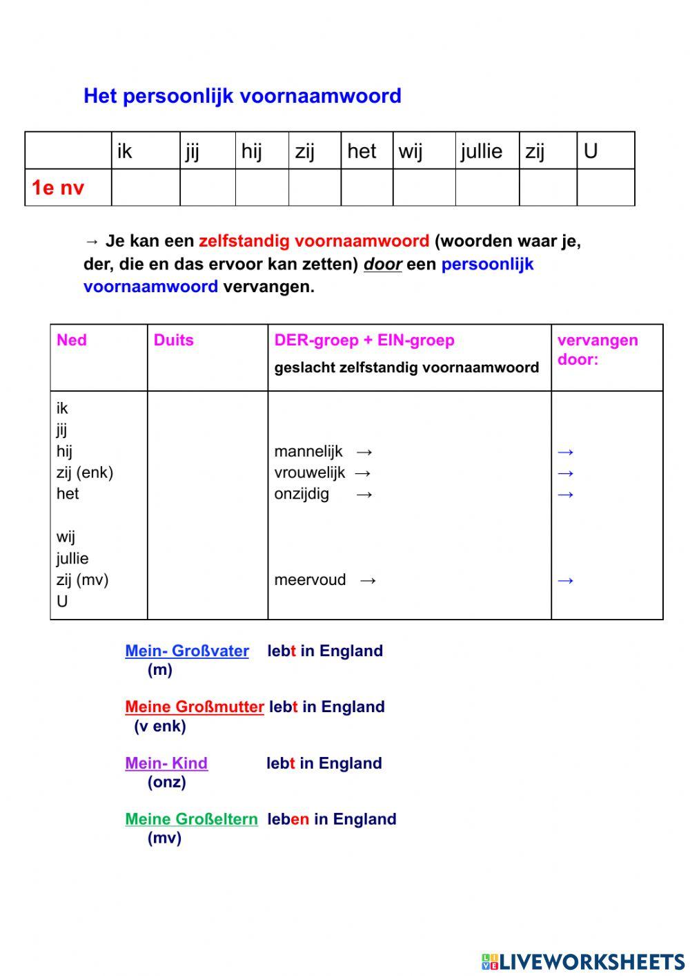 Het persoonlijk voornaamwoord worksheet | Live Worksheets