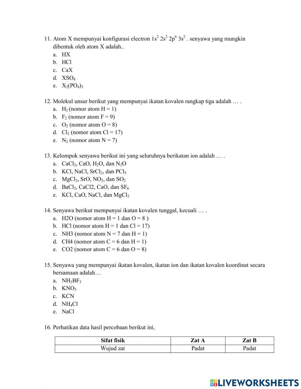 Latihan Ikatan Kimia interactive worksheet | Live Worksheets