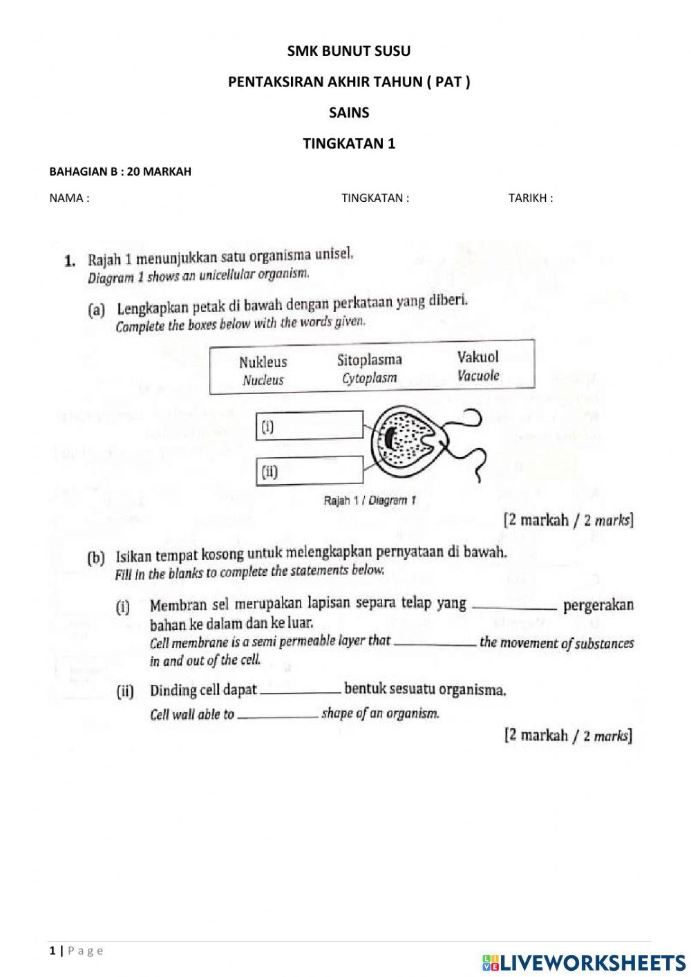 PENTAKSIRAN AKHIR TAHUN (PAT) SAINS F.1 BAHAGIAN B