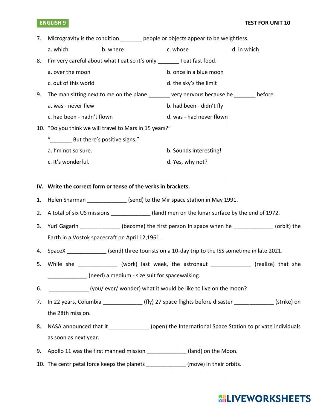 G9 - TEST FOR UNIT 10 online exercise for | Live Worksheets