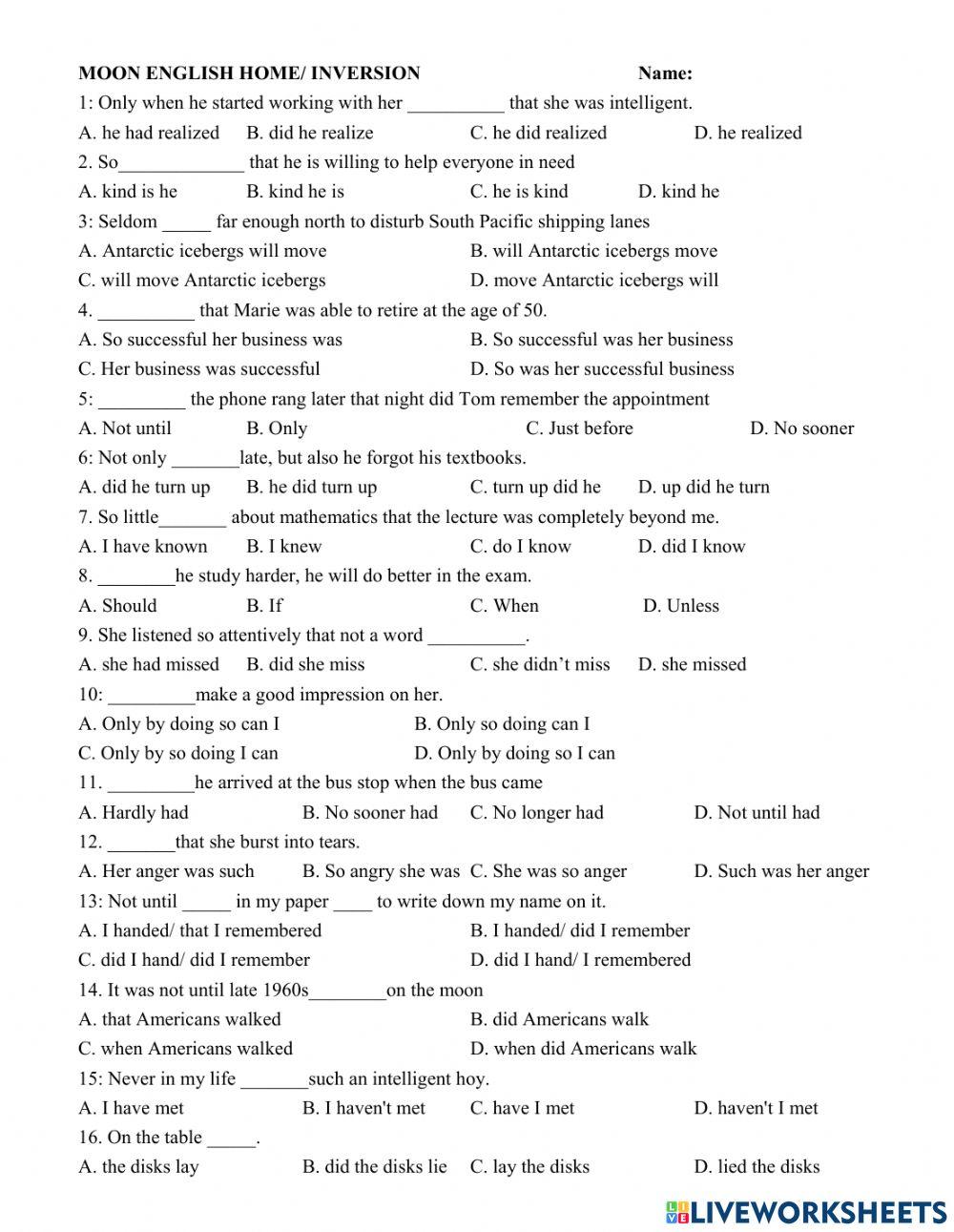 Grade 12- Inversion (cont) worksheet | Live Worksheets