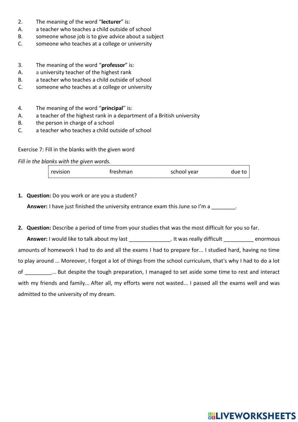 Lesson 8-HW worksheet | Live Worksheets