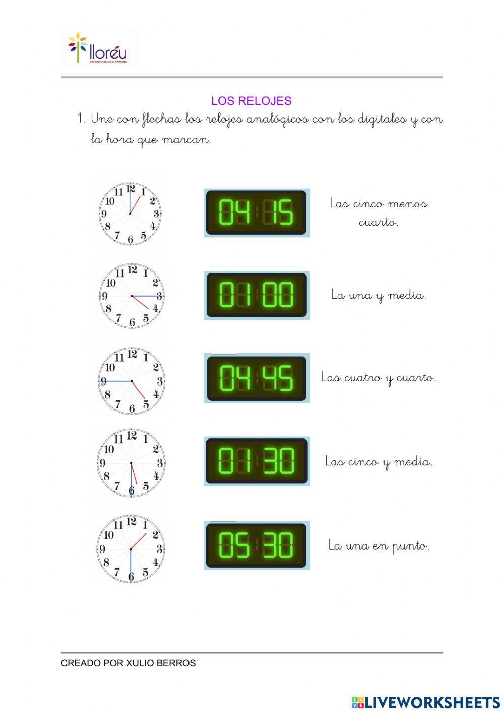 Reloj analógico y reloj digital worksheet | Live Worksheets