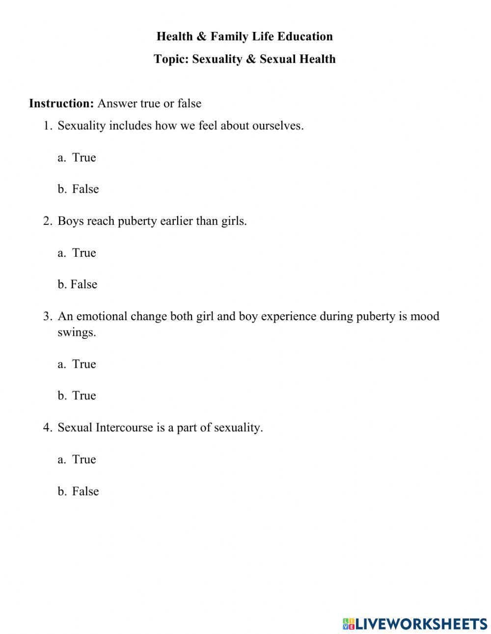Sexuality Sexual Health Online Exercise For Live Worksheets