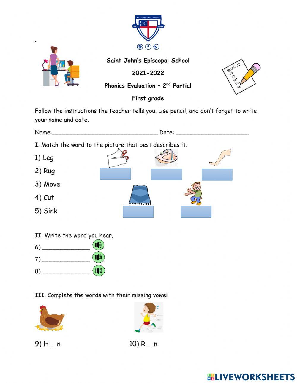 First grade Phonics Evaluation - 2nd Partial online exercise for | Live Worksheets
