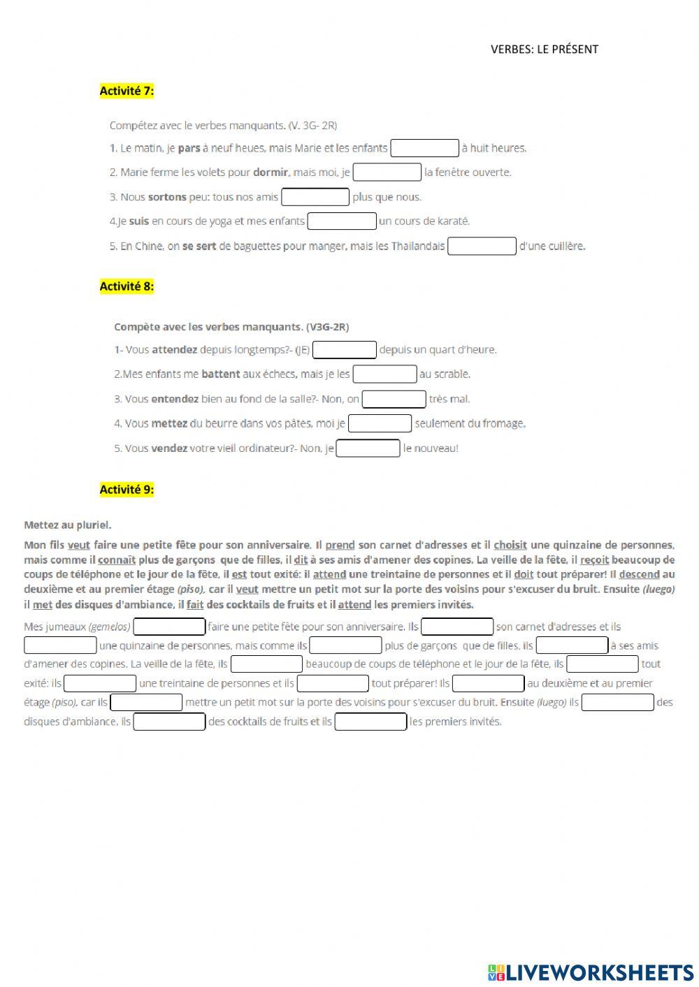 Verbes: Le prés… | Free Interactive Worksheets | 1690111