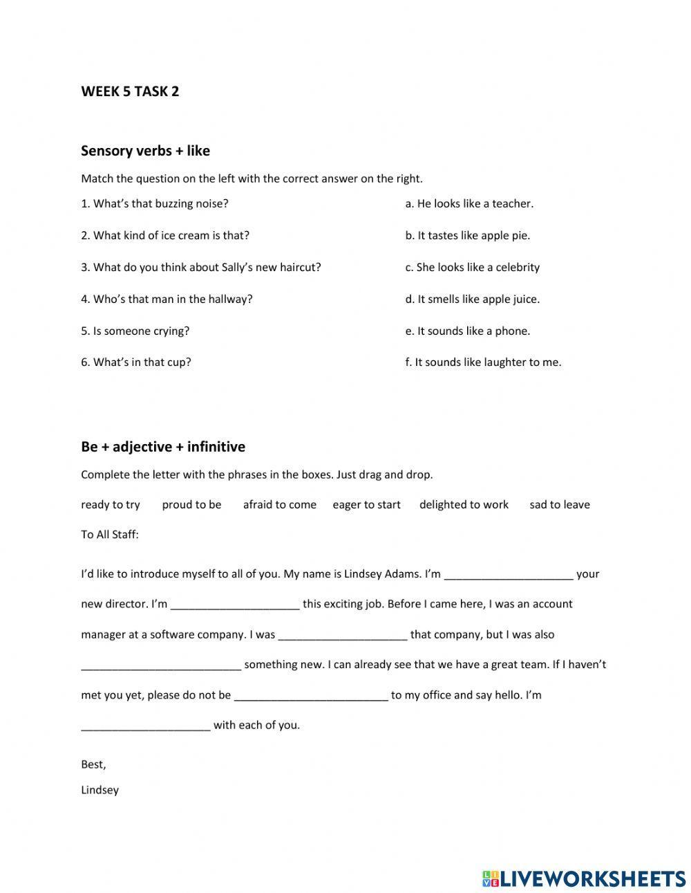 Sensory verbs +… | Free Interactive Worksheets | 1690138