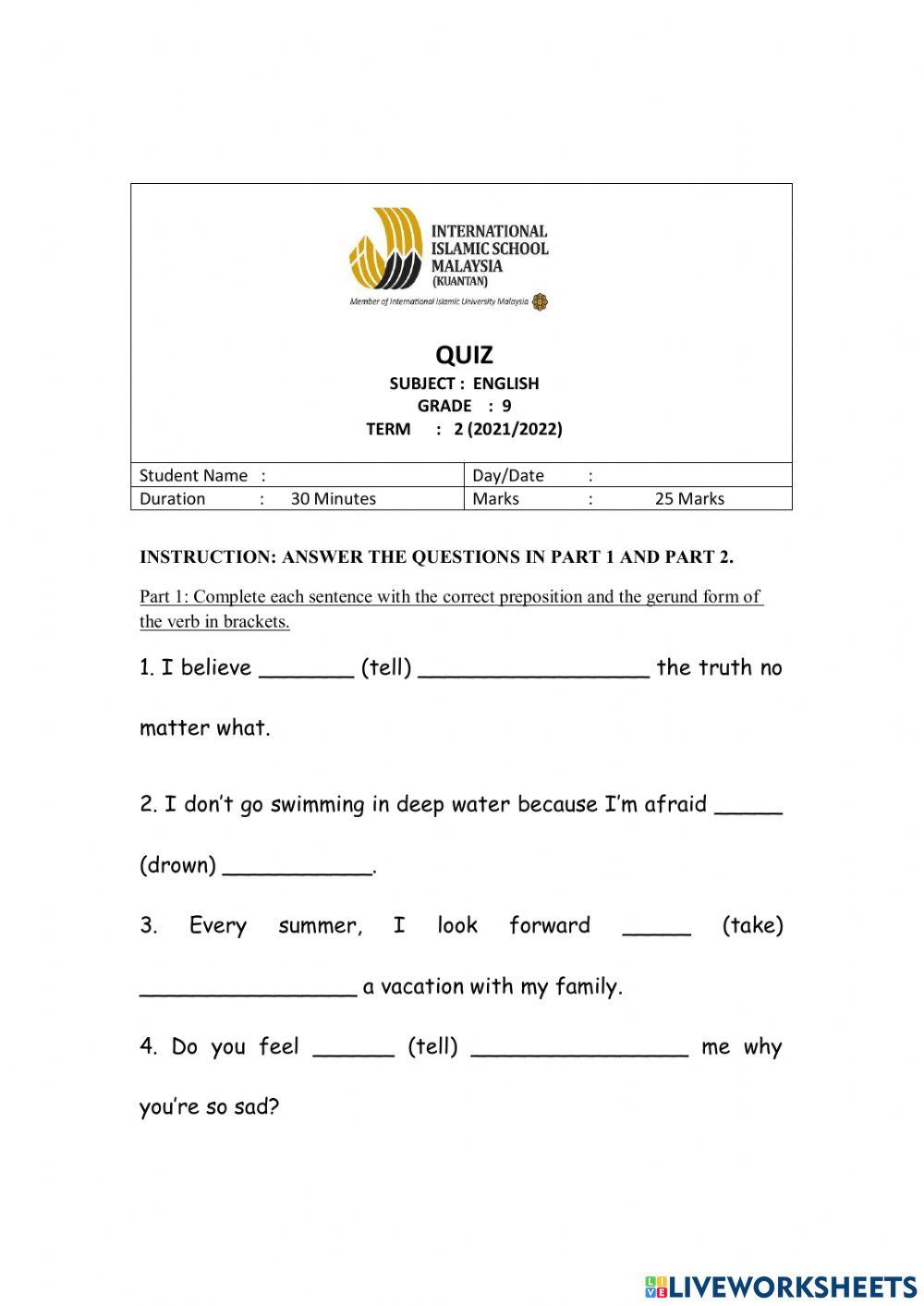 Grade 9 Quiz (Term 2) 1690230 | nurainshahira | Live
