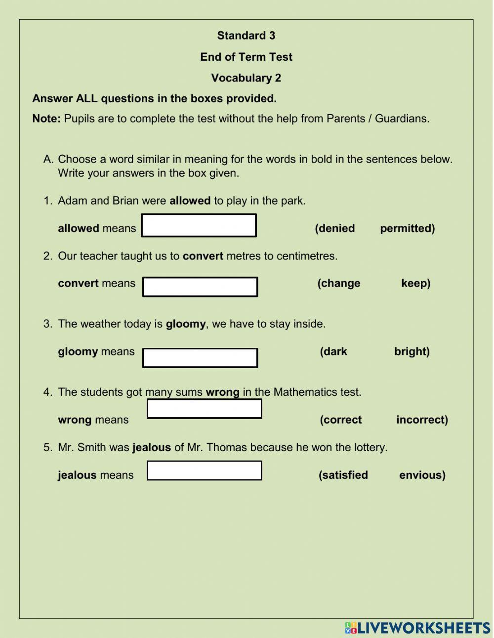 Vocabulary Test 1690300 | Lisa Dyer | Live Worksheets