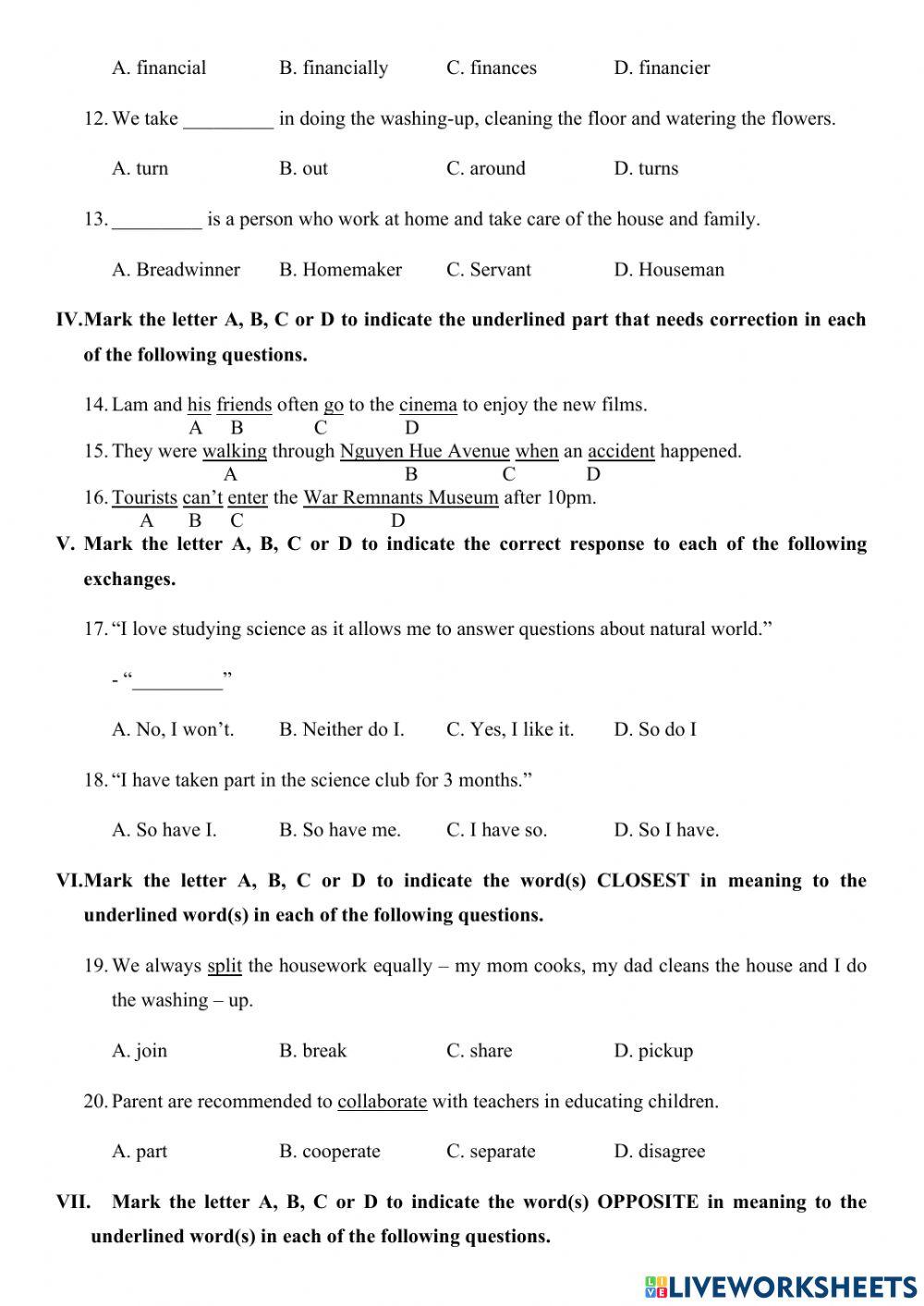 Trial test for class 10 worksheet | Live Worksheets