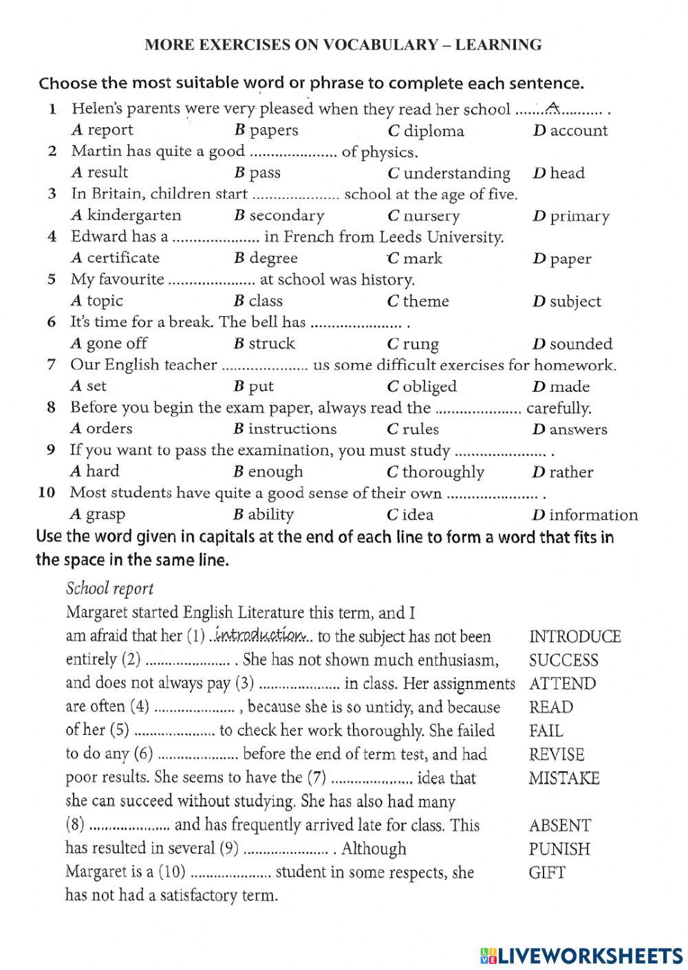 UNIT 10 - GETTING STARTED - VOCABULARY -LEARNING- online exercise for | Live Worksheets