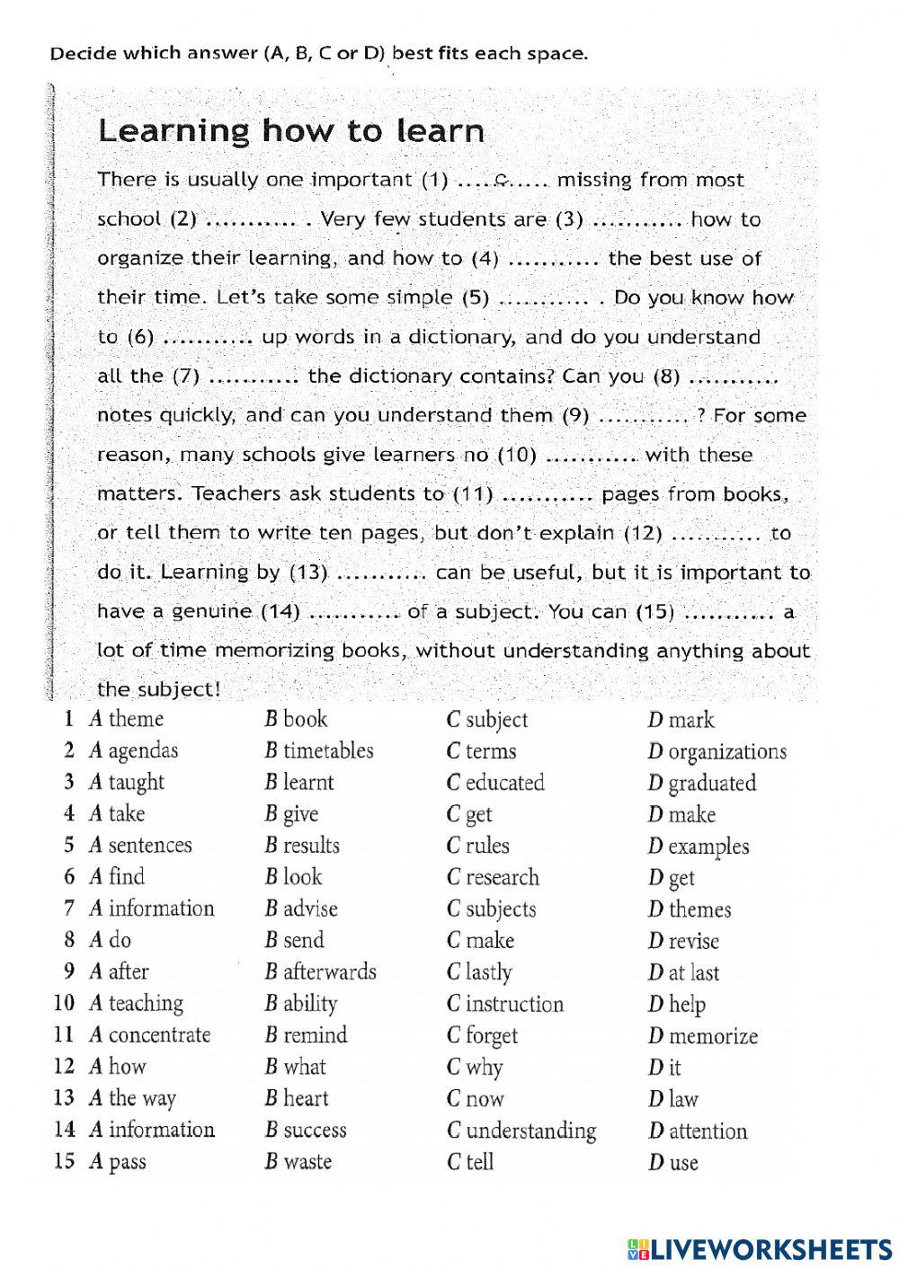 UNIT 10 - GETTING STARTED - VOCABULARY -LEARNING- online exercise for | Live Worksheets