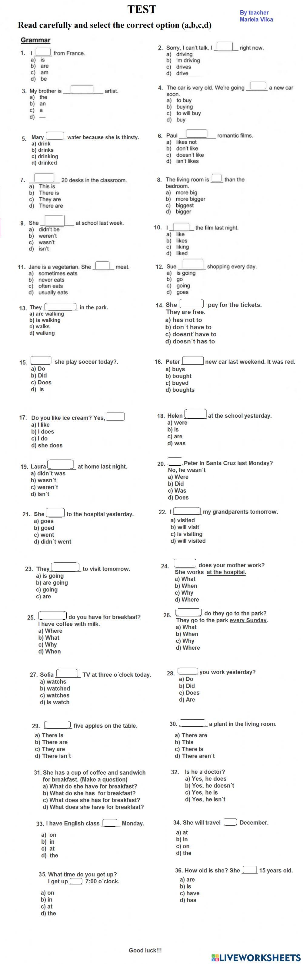 TEST - BLUE CLASS online exercise for | Live Worksheets