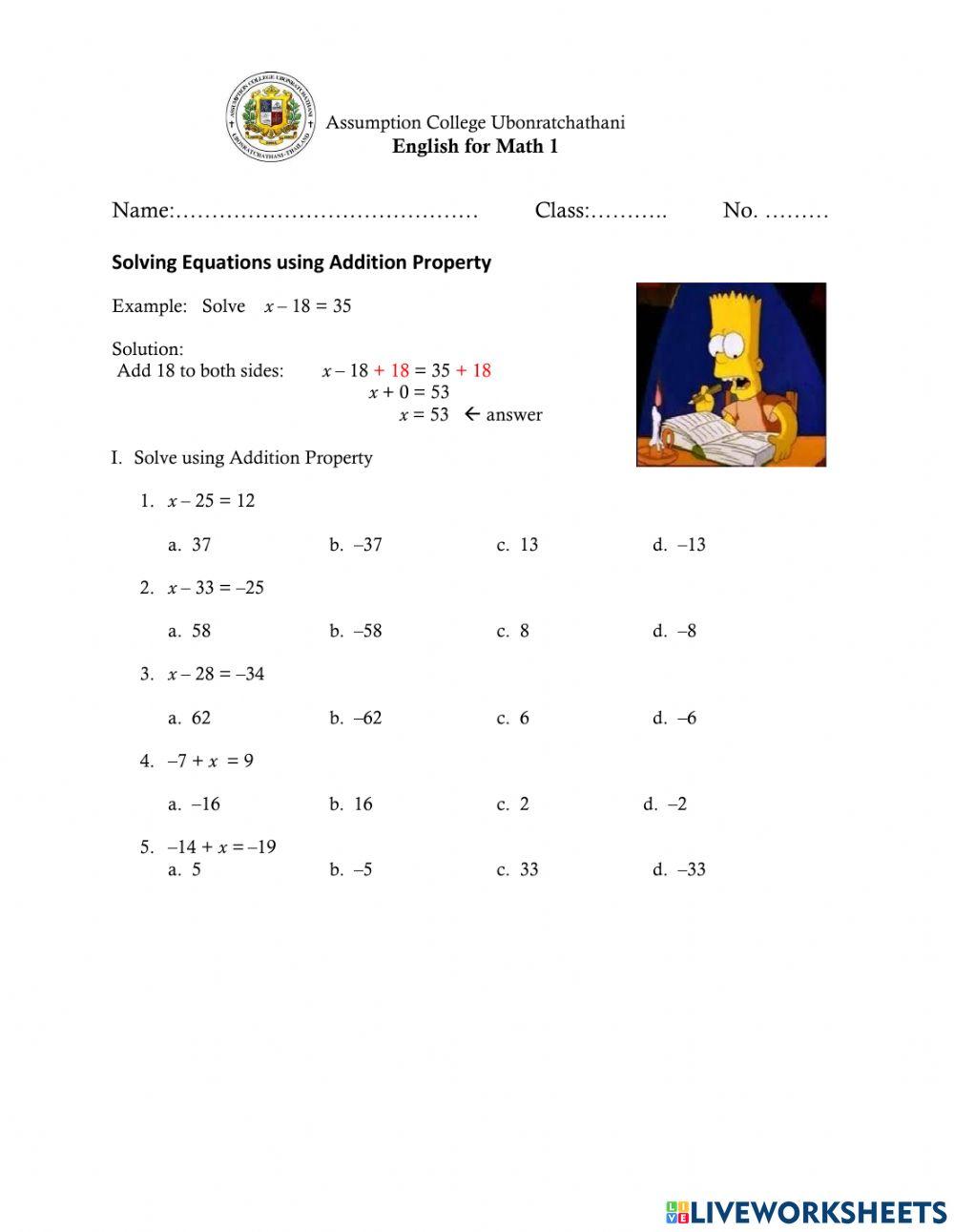 Solving Equations Using Properties of Equality Worksheet