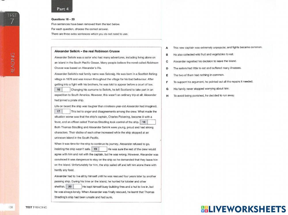 Pet-plus-b1-reading-test 7 online exercise for | Live Worksheets