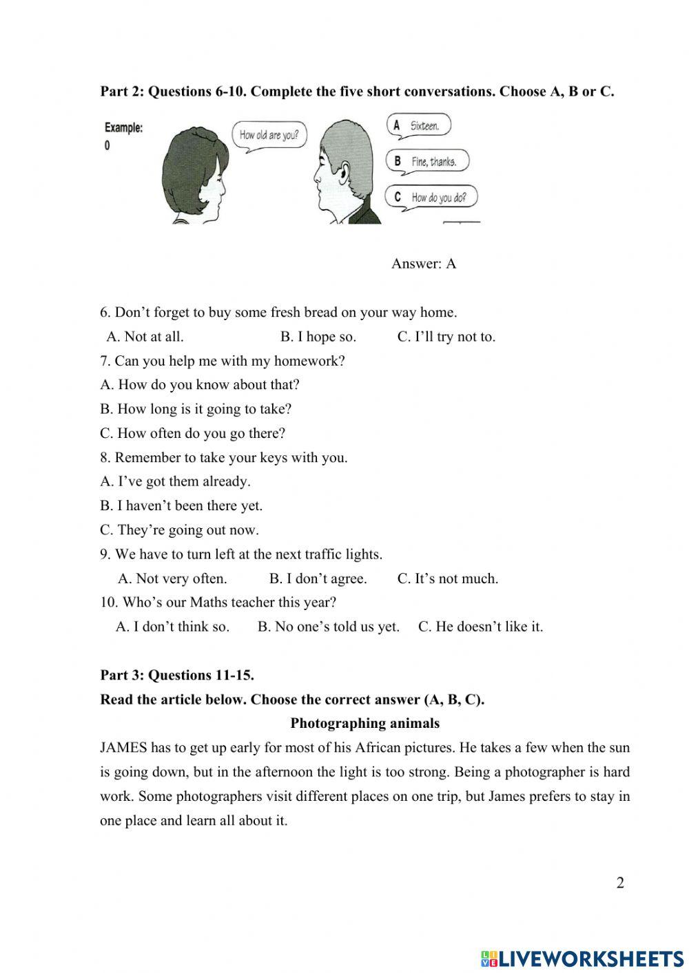 A2 reading review online exercise for | Live Worksheets