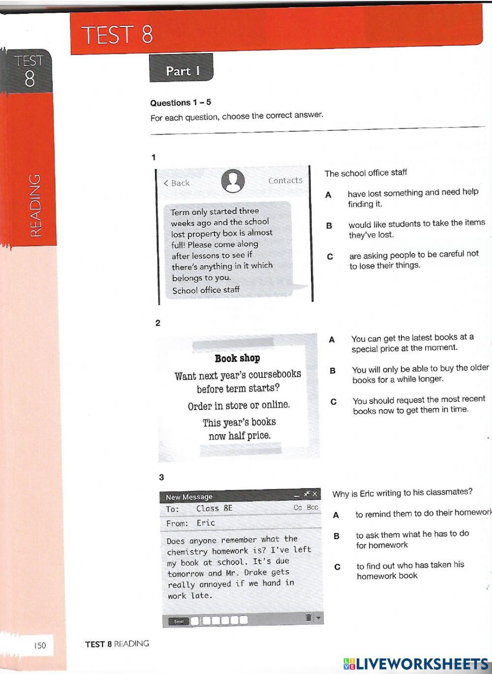 Pet-plus-b1-reading-test 8 online exercise for | Live Worksheets