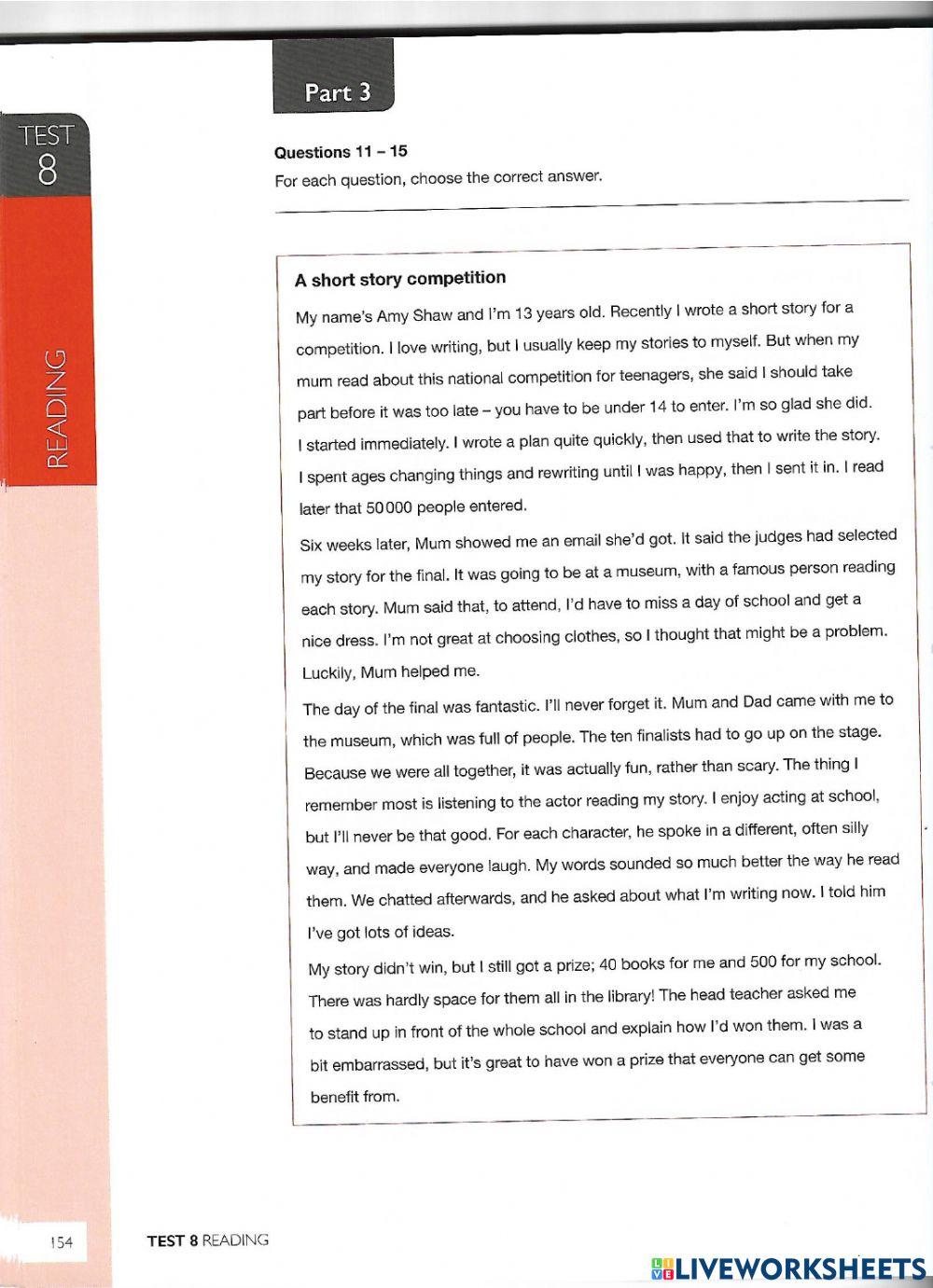 Pet-plus-b1-reading-test 8 online exercise for | Live Worksheets