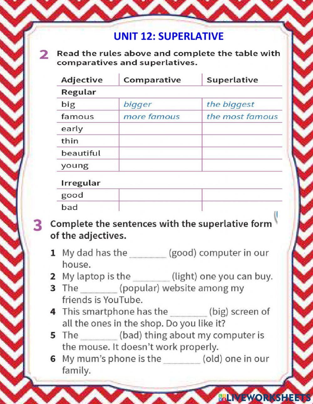 Superlative interactive exercise for 7 -8 | Live Worksheets