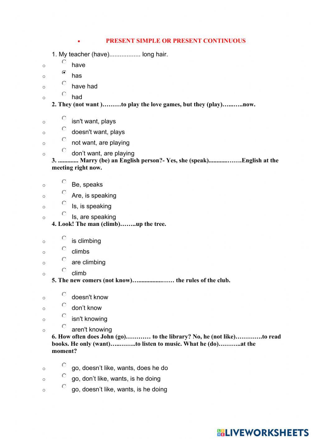 Present simple or present continuous online exercise for grade 5 | Live ...