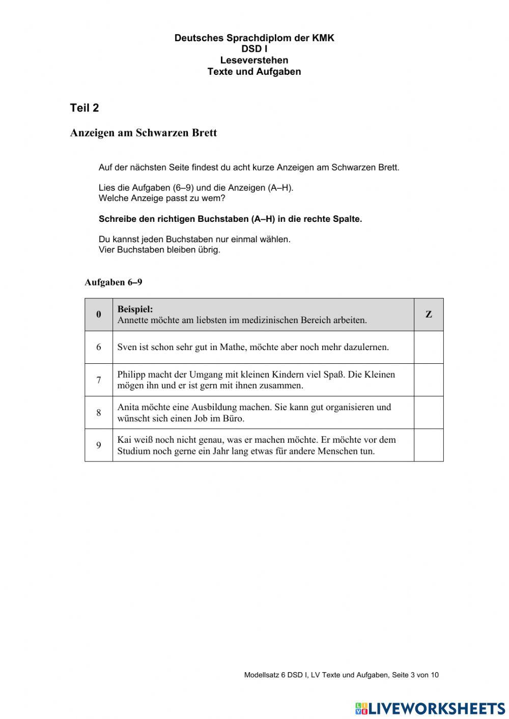 DSD 1 - Modellsatz 6 LV online exercise for | Live Worksheets