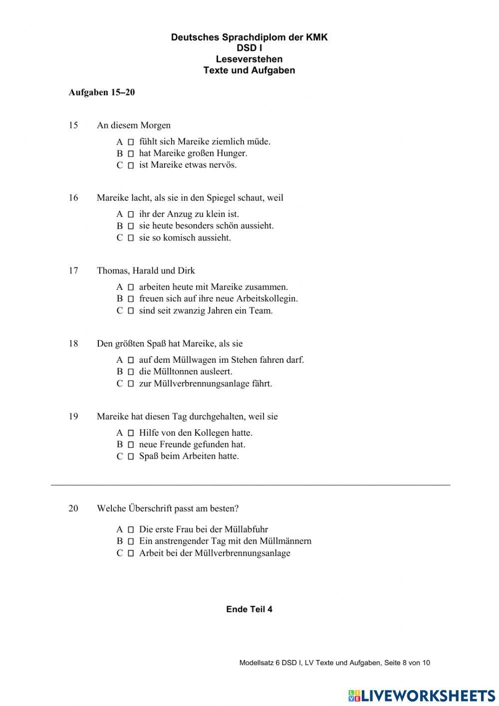 DSD 1 - Modellsatz 6 LV online exercise for | Live Worksheets