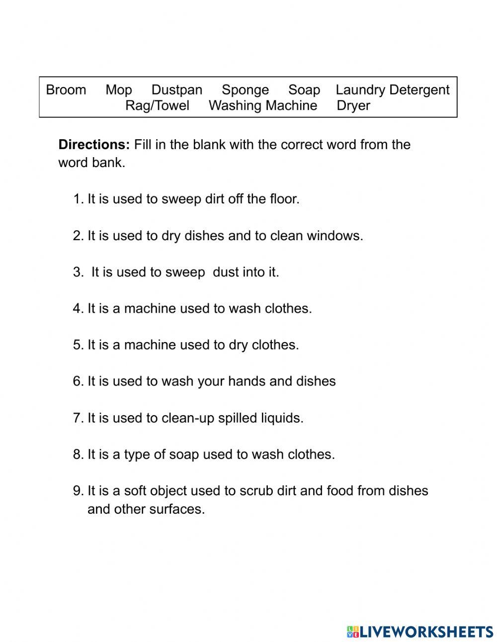 Cleaning Suppli… | Free Interactive Worksheets | 1693793