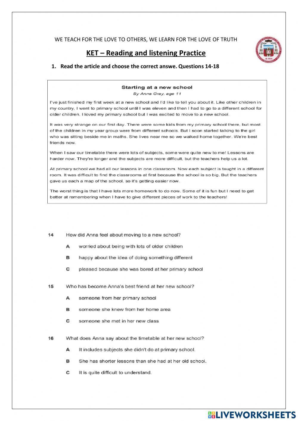 KET – Reading a… | Free Interactive Worksheets | 1693817