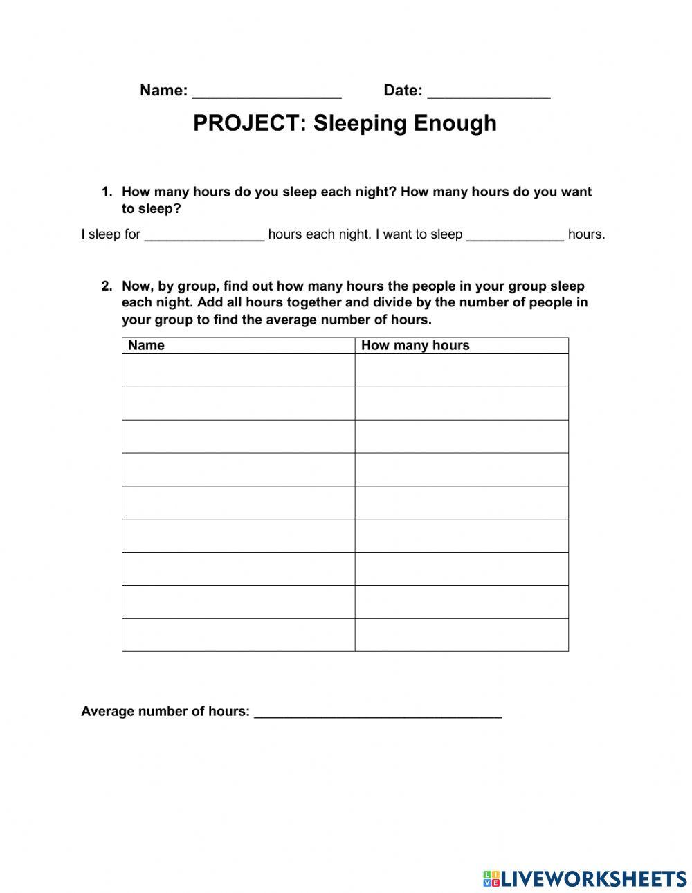 Project: Sleeping Habits online exercise for | Live Worksheets
