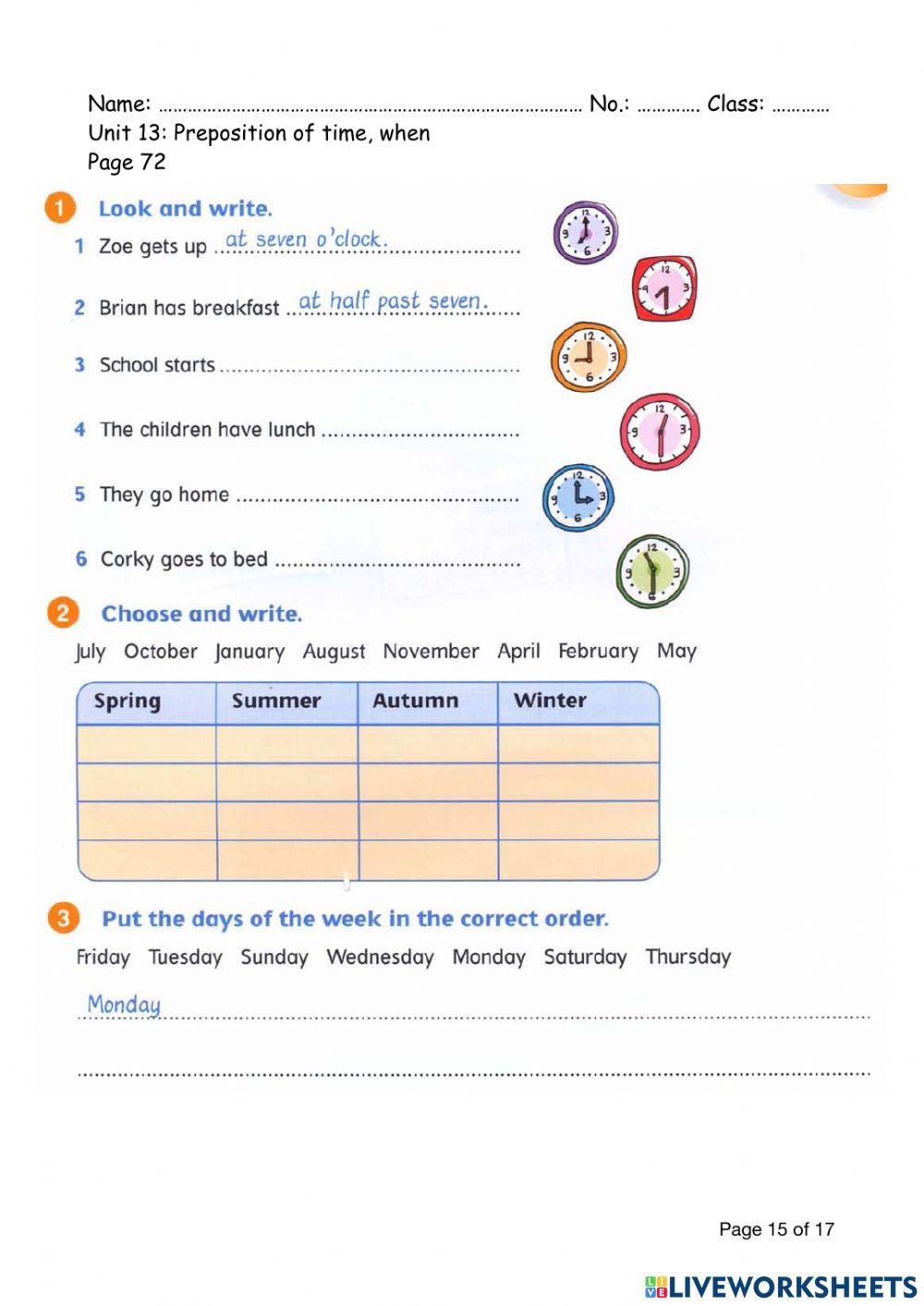 Preposition of time, when worksheet | Live Worksheets
