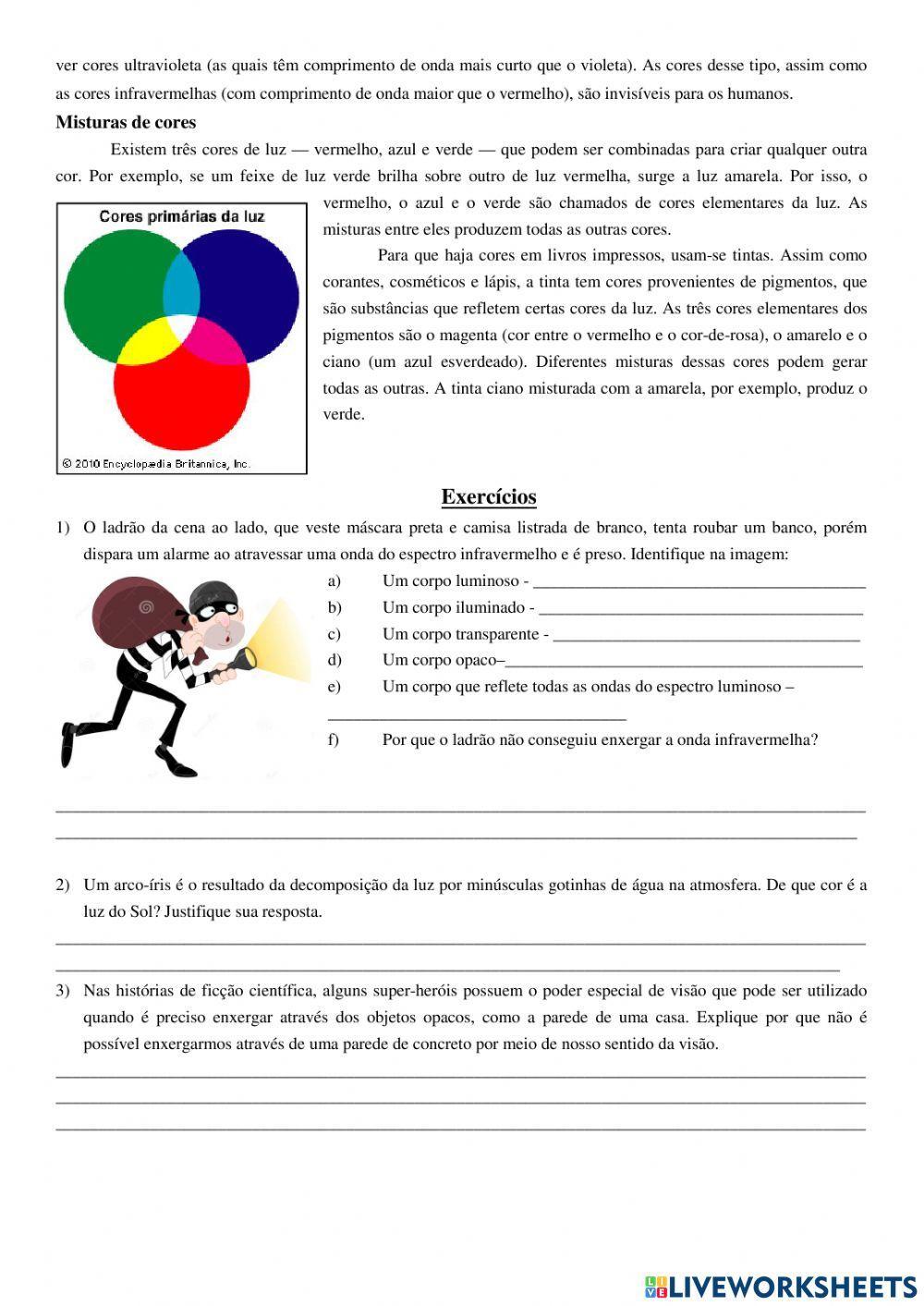Cor e Luz | Free Interactive Worksheets | 1599135
