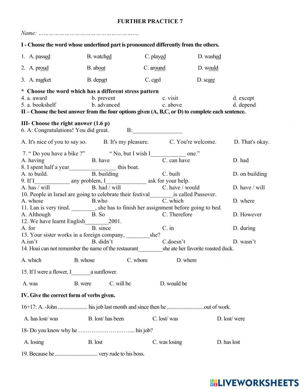 Further practice 7 worksheet | Live Worksheets